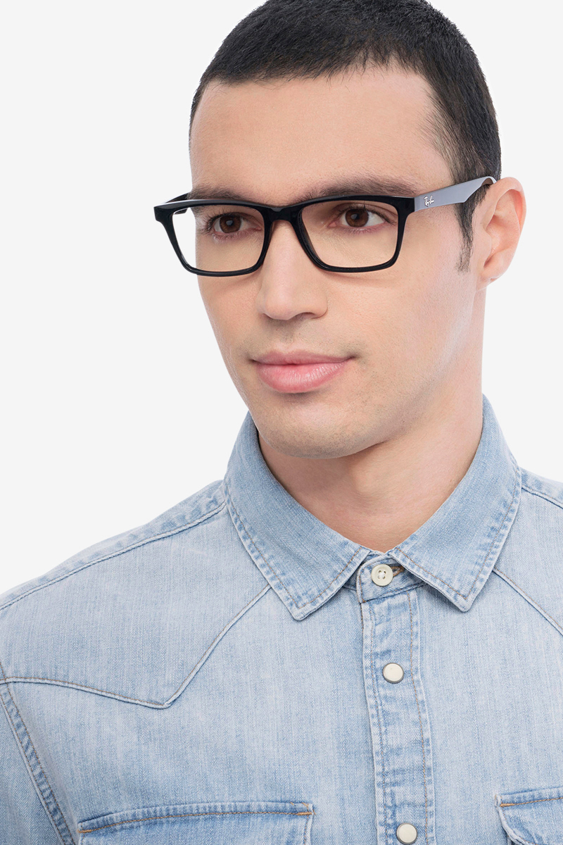 Ray-Ban RB7025 - Rectangle Shiny Black Frame Eyeglasses | Eyebuydirect ...