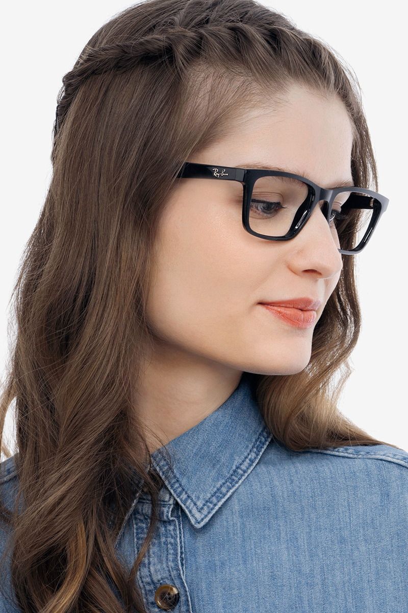 Ray-Ban RB7025 - Rectangle Shiny Black Frame Eyeglasses | Eyebuydirect ...