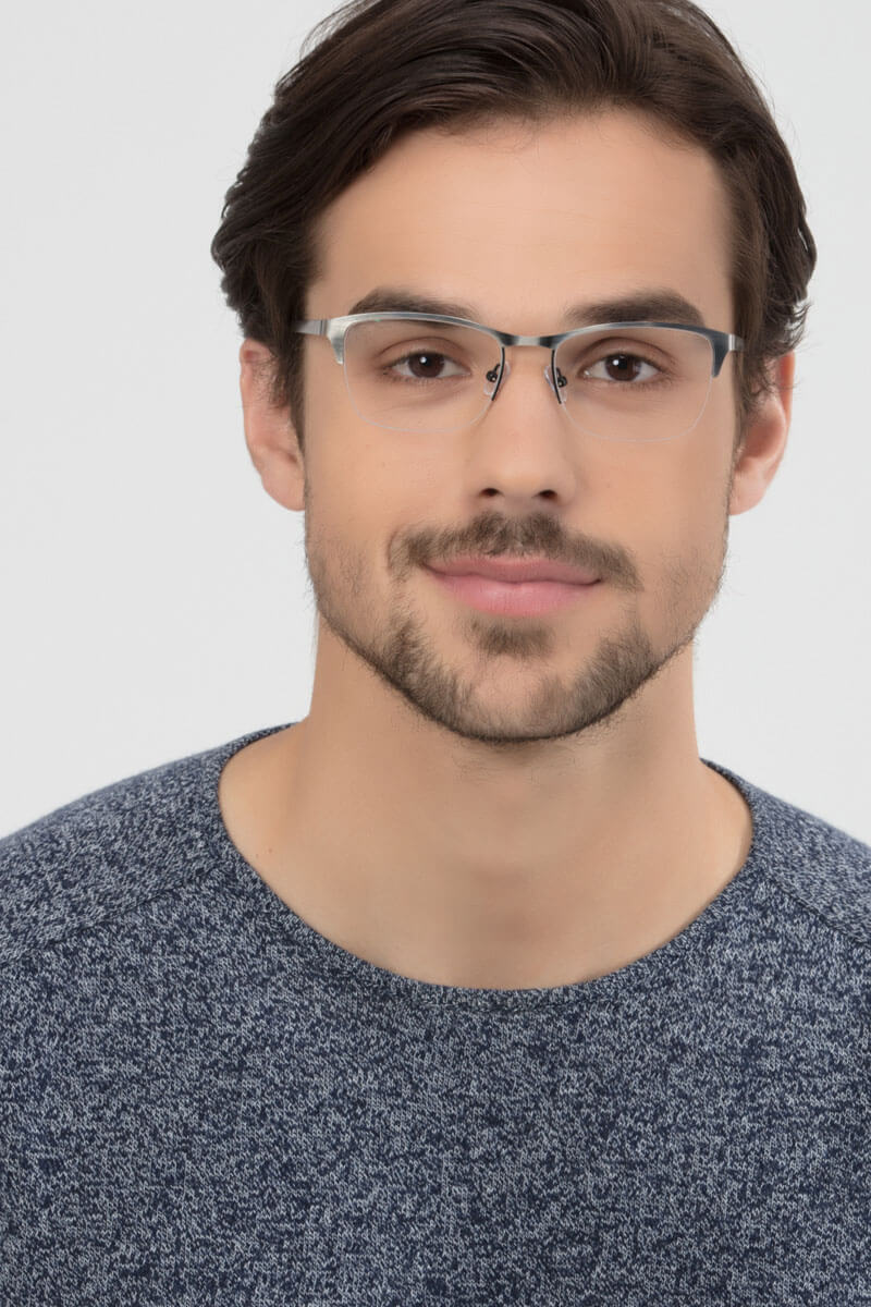 Time Rectangle Matte Silver Semi Rimless Eyeglasses | Eyebuydirect