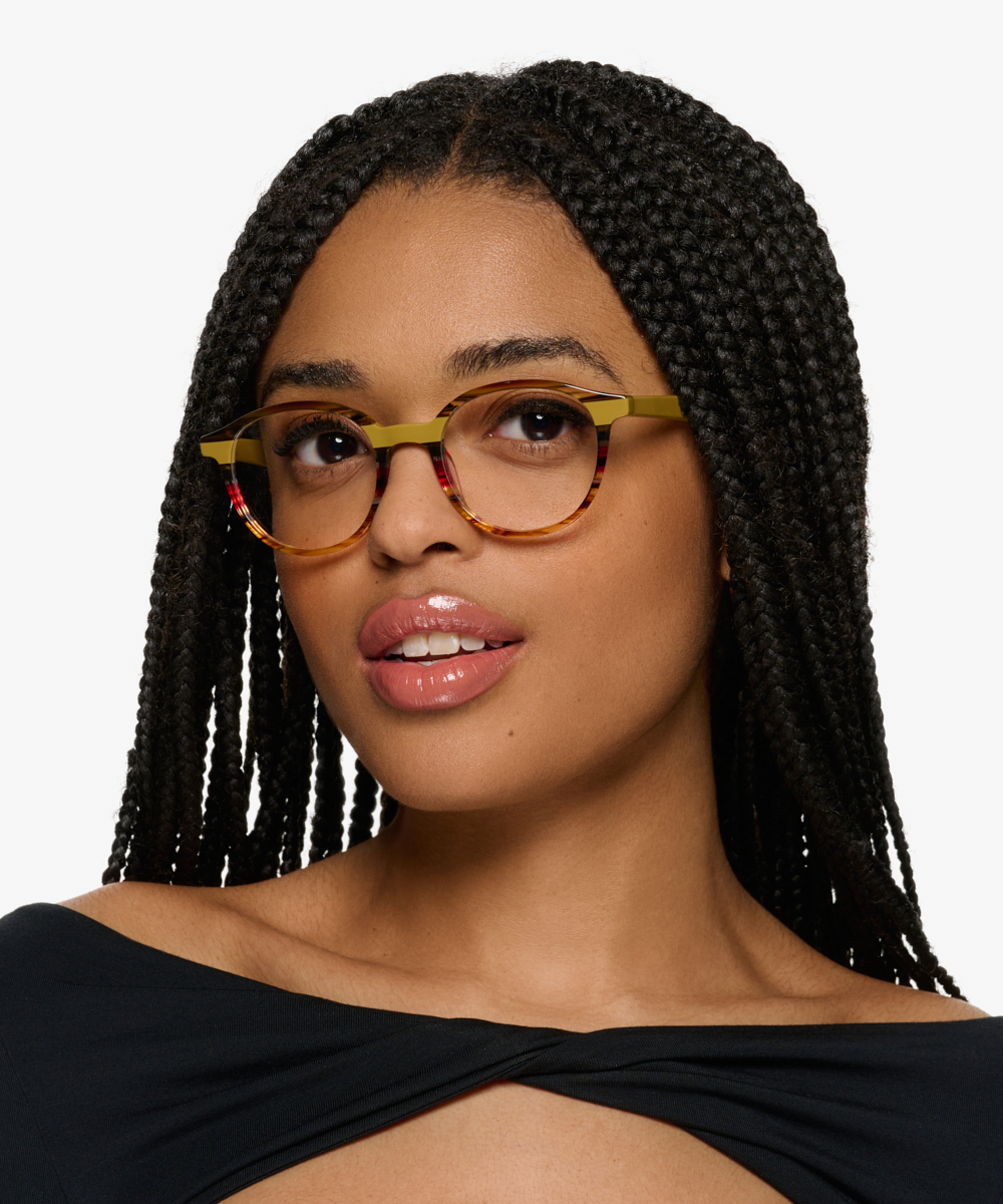Expression Round Brown Yellow Striped Full Rim Eyeglasses ...
