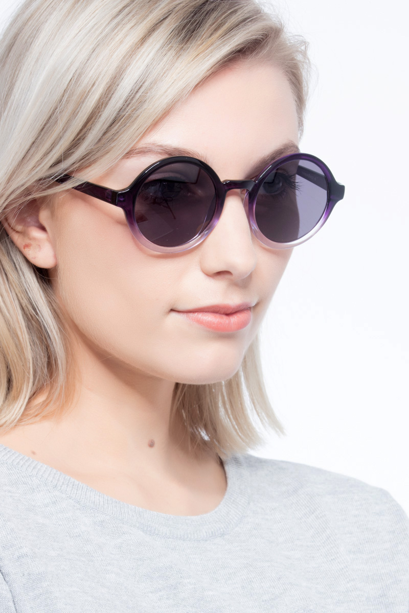 Solstice - Round Purple Clear Frame Prescription Sunglasses ...