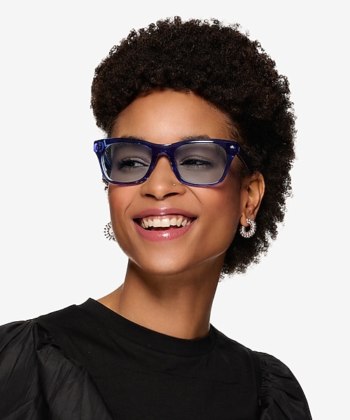 Kitt Rectangle Crystal Dark Blue Frame Prescription Sunglasses