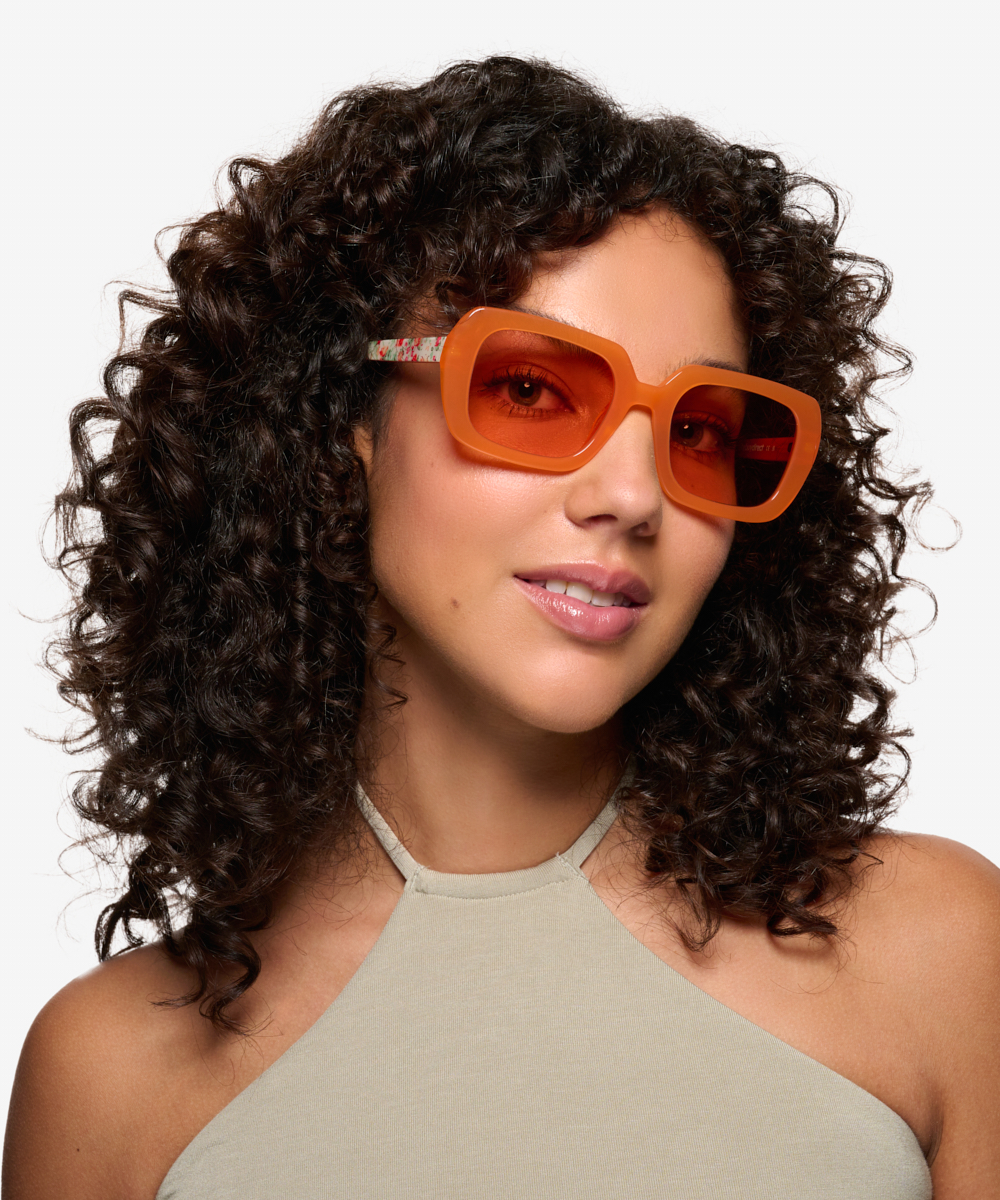Gouache - Rectangle Milky Orange Flower Frame Sunglasses For Women ...